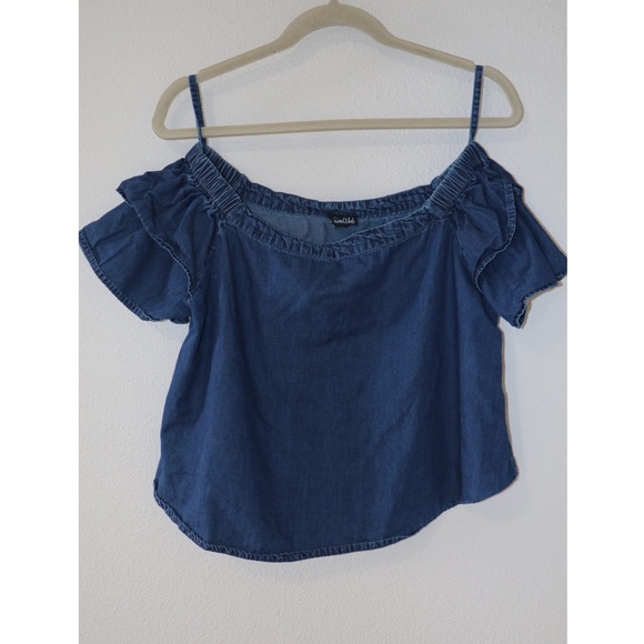 Tops | Denim Off The Shoulder Ruffle Top | Poshmark